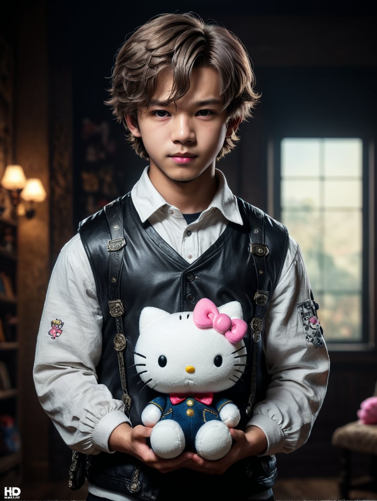 Premium Free ai Images | felix from straykids holding hello kitty plush