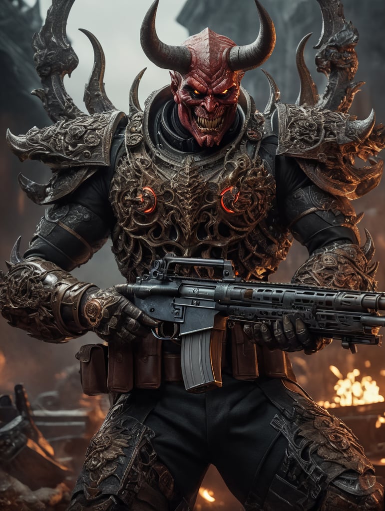 Premium Free ai Images | devil soldier holding browning machine gun