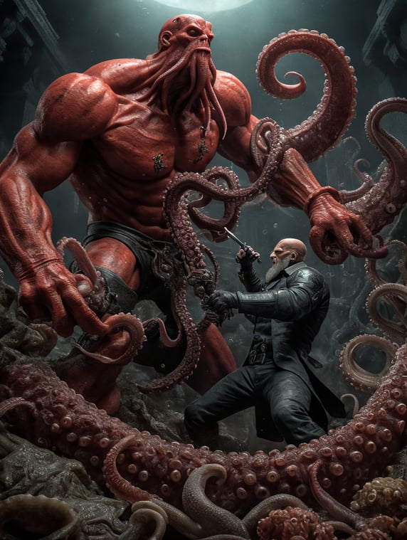 Premium Free ai Images | hellboy fighting octopus monster