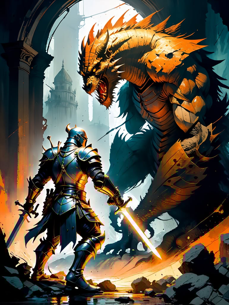Premium Free ai Images | knight about to fight giant monster in dark ...