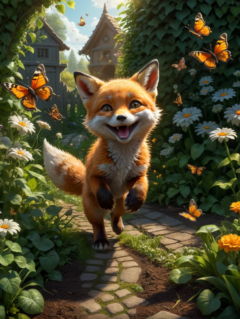 Premium Free ai Images | create cute cartoon fox cub chasing butterfly ...