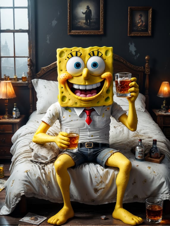 Premium Free ai Images | spongebob is sitting on the bed dressed only ...