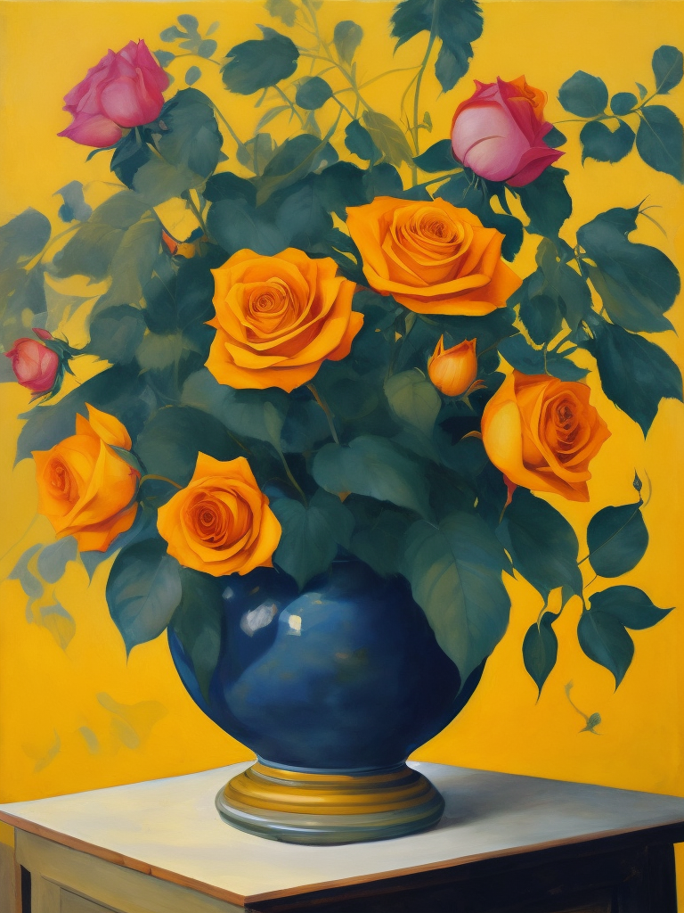Lumenor AI Image Generation - painting shows several pink roses in vase ...