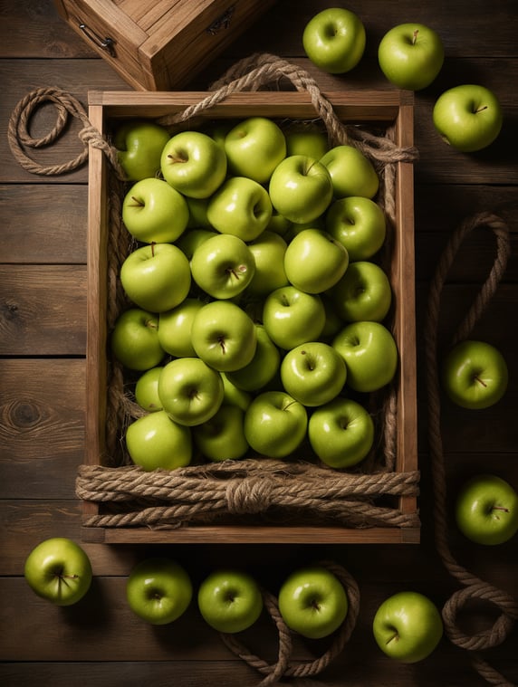Premium Free ai Images | top view brown wooden box filled green apple ...