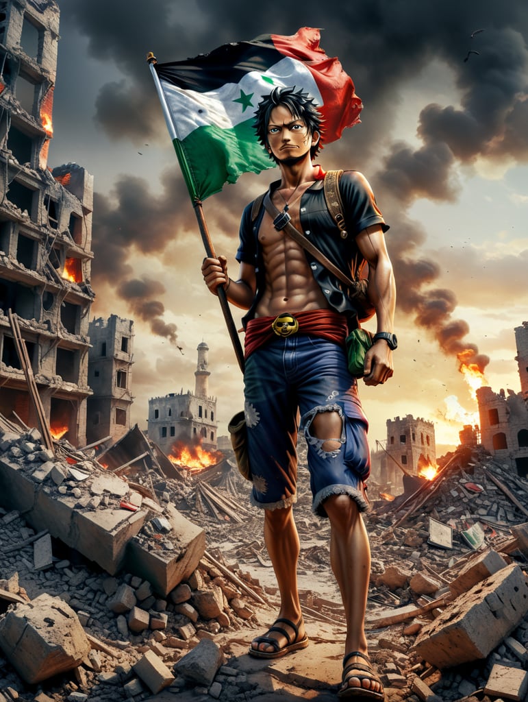 Premium Free ai Images | one piece luffycarrying palestine flag in gaza ...