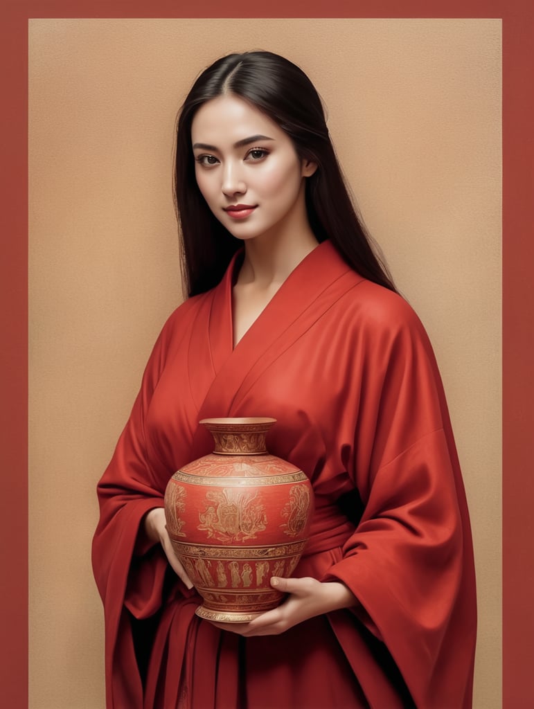 Premium Free ai Images | woman dressed in red robe and holding vase ...