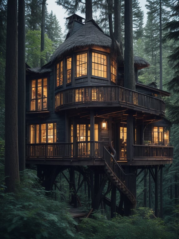 Premium Free ai Images | treehouse with big windows in lush forest ...