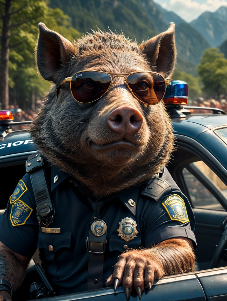 Premium Free ai Images | wild boar police officer sitting behind the ...