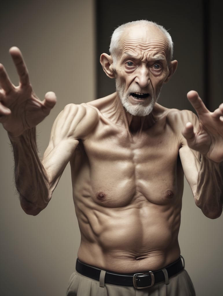 Premium Free ai Images | scary skinny old man trying to grab the viewer tilted to the right