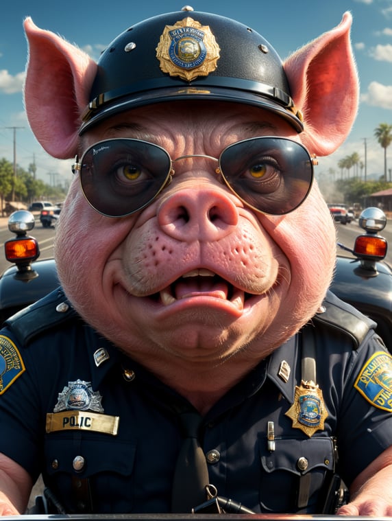 Premium Free ai Images | angry pig police officer sitting behind the ...