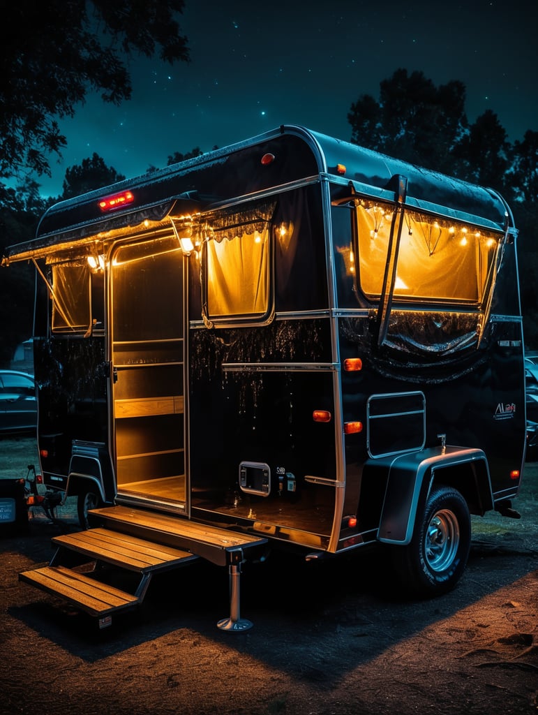 Premium Free ai Images | alien camping trailer made of black alien ...