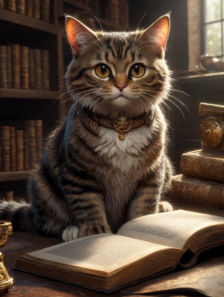 Premium Free ai Images | cute cat reading pixar detailed background