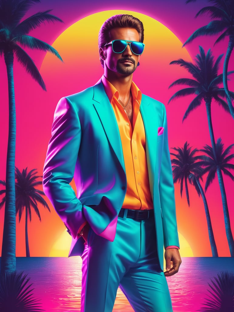 Premium Free ai Images | retro party poster featuring miami vice suit ...