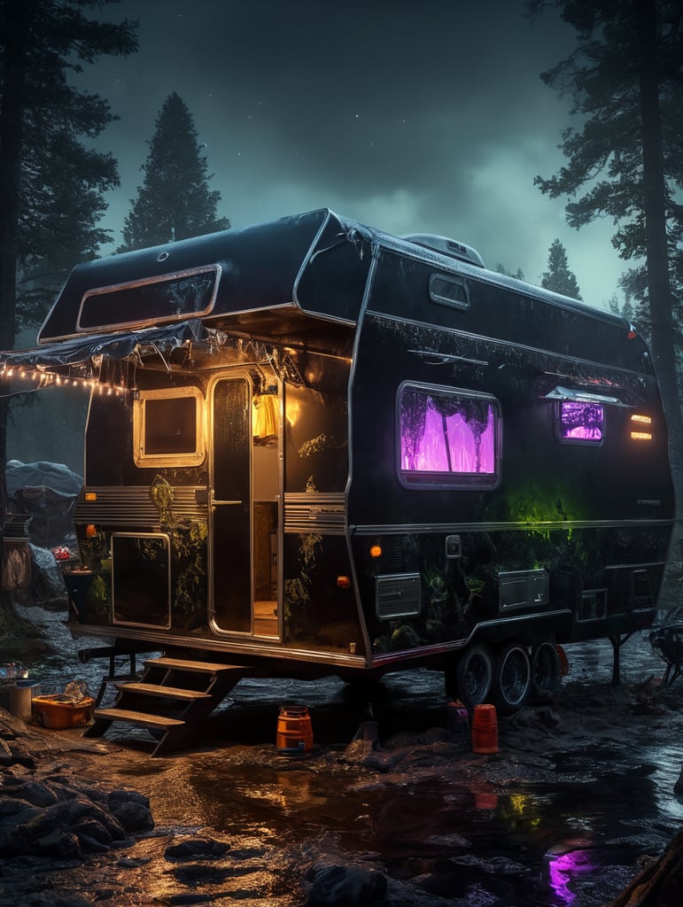 Premium Free ai Images | alien camping trailer made of black alien ...