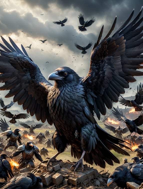 Premium Free ai Images | raven with wings expanded in battle field