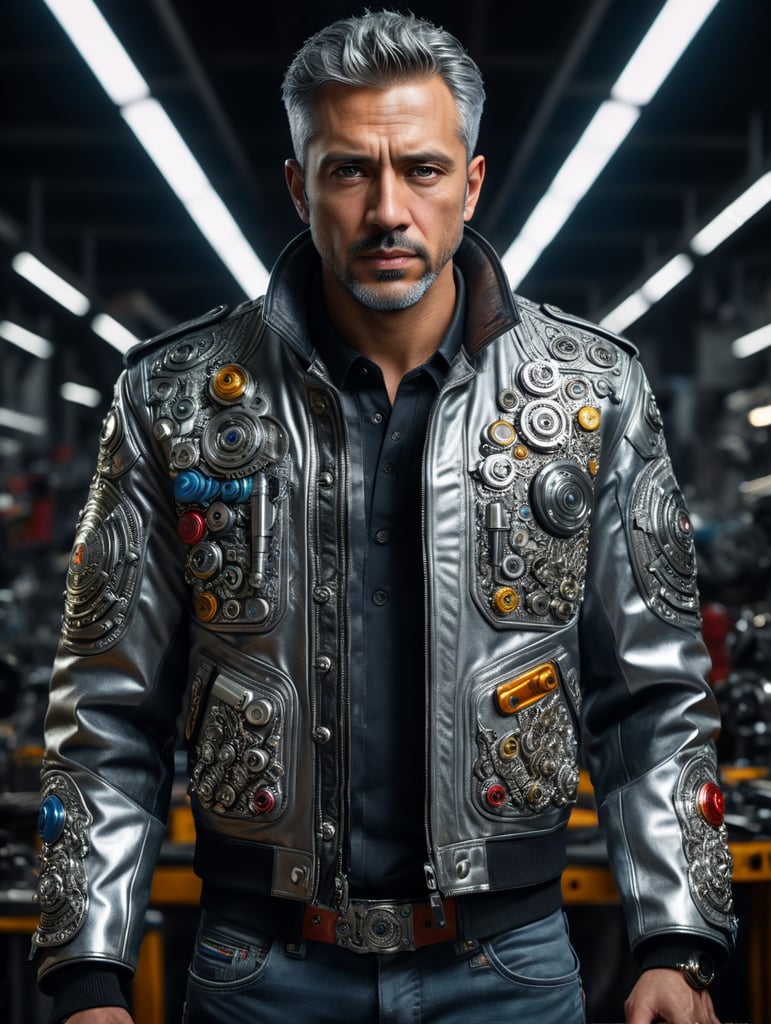 Premium Free ai Images | jacket futurist mechanic silver shot on leica ...