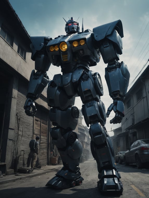 Premium Free ai Images | large bipedal robot squashing car with one of ...
