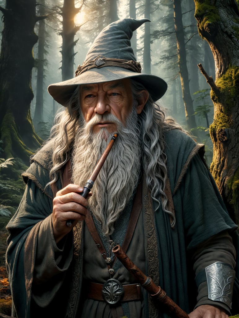 Premium Free ai Images | gandalf ported with pipe in forest