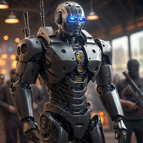 Premium Free ai Images | humanoid robot hacker rifle mafia style ...