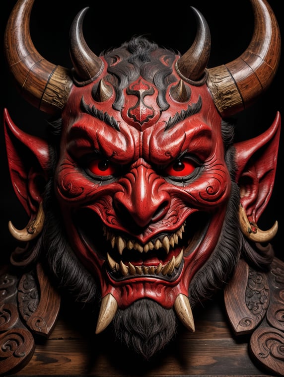 Premium Free ai Images | wooden red japanese demon mask with fangs and ...