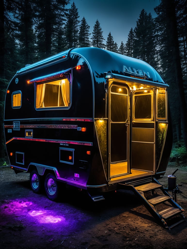 Premium Free ai Images | alien camping trailer made of black alien ...