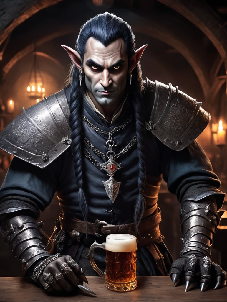 Premium Free ai Images | dark elf bartender inside pub wearing medieval ...