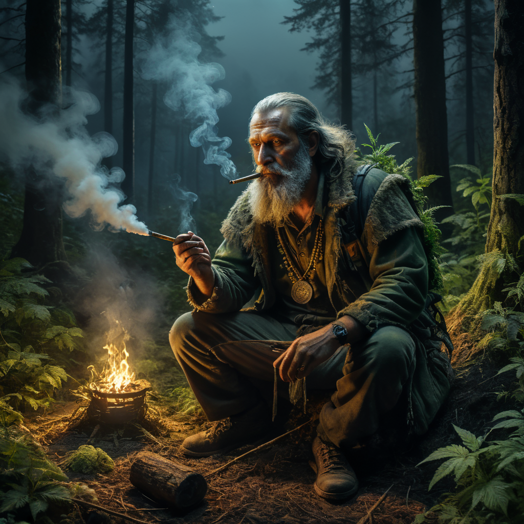 Premium Free ai Images | samo in forest smoking weed at night ...