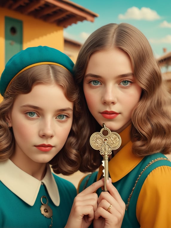 Premium Free ai Images | vintage picture of two girls holding key wes ...