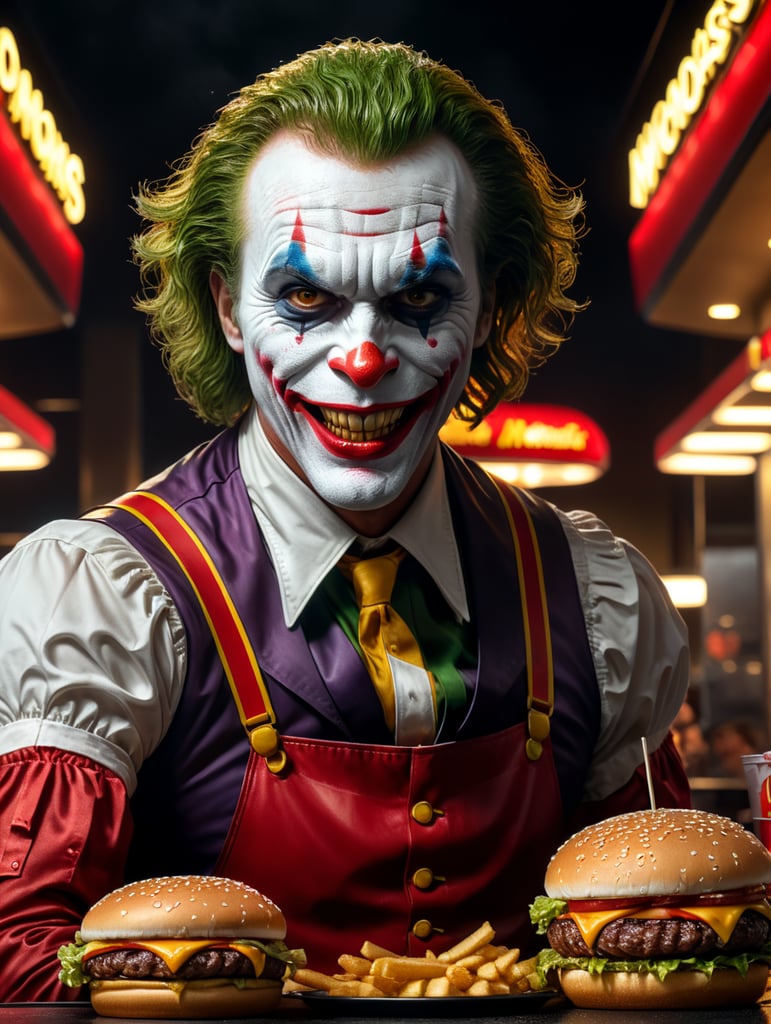 Premium Free ai Images | joker as ronald mcdonald serving burgers at ...