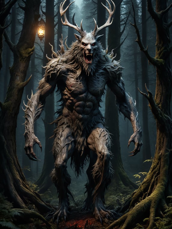 Premium Free ai Images | horror movie creature wendigo dark forest ...