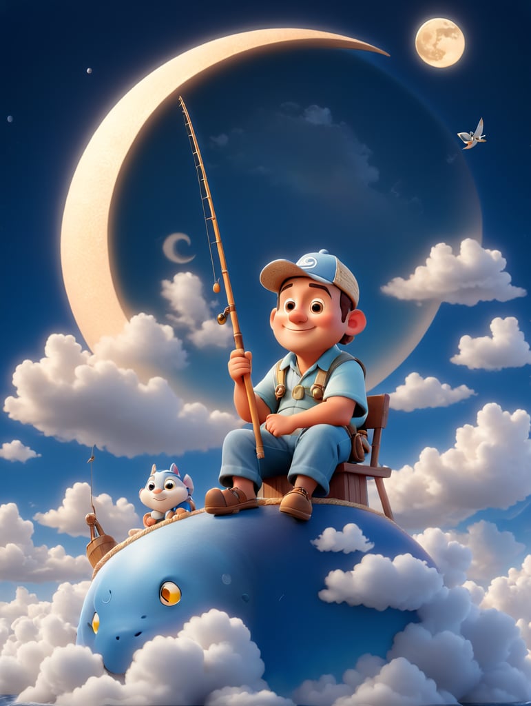 Premium Free ai Images | um pescador sentado na ponta da lua pescando ...