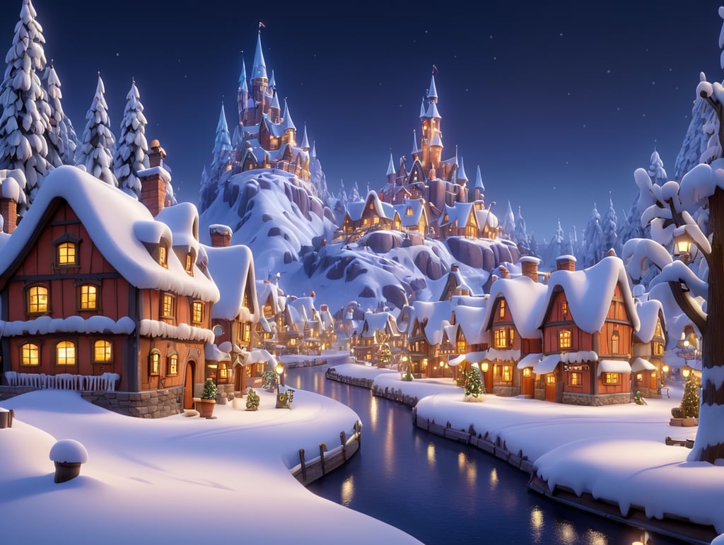 Premium Free ai Images | night view of the magical snow covered village ...