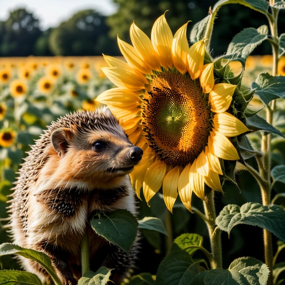 Premium Free ai Images | hedgehog sniffs sunflower in field