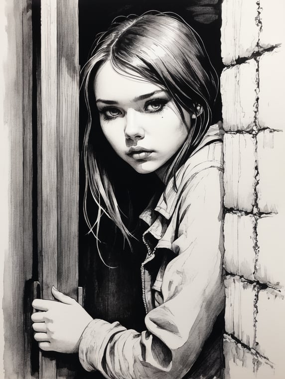 Premium Free ai Images | ink pen sketch of girl locked in basement