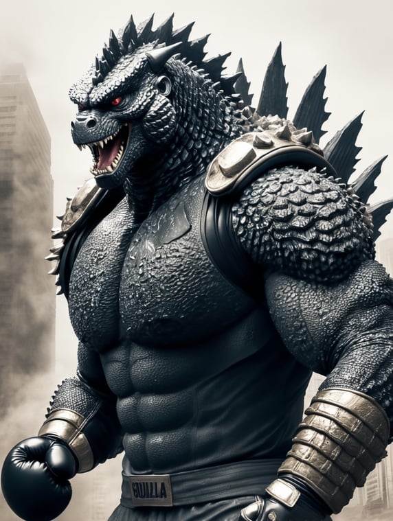 Premium Free ai Images | godzilla with abs sweating wearing boxing gloves