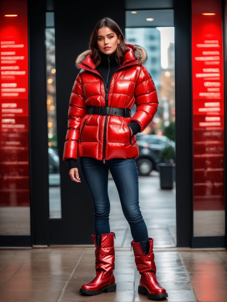 Premium Free ai Images | full body girl in red glossy puffer jacket ...