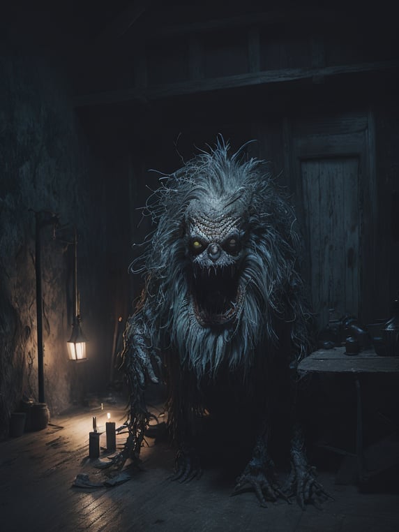 Premium Free ai Images | weird creepy horror monster in haunted house