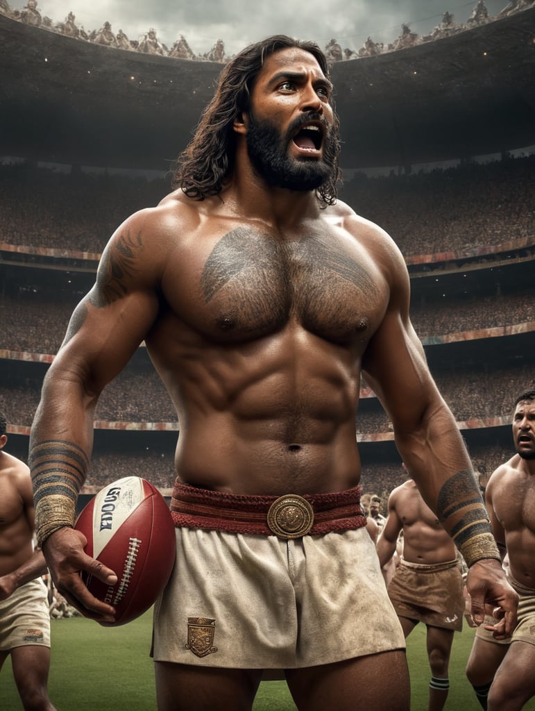 Premium Free ai Images | fijian jesus shirtless playing rugby
