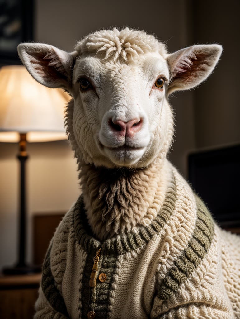 Premium Free ai Images | white sheep wearing very hirsute crocheted ...