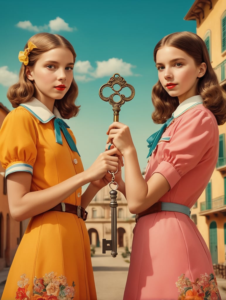 Premium Free ai Images | vintage picture of two girls holding key wes ...
