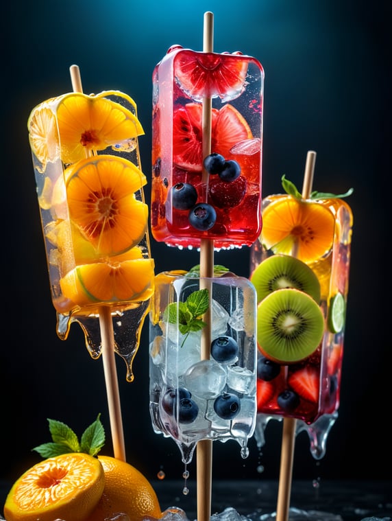 Premium Free ai Images | transparent fruit ice on stick bright ...