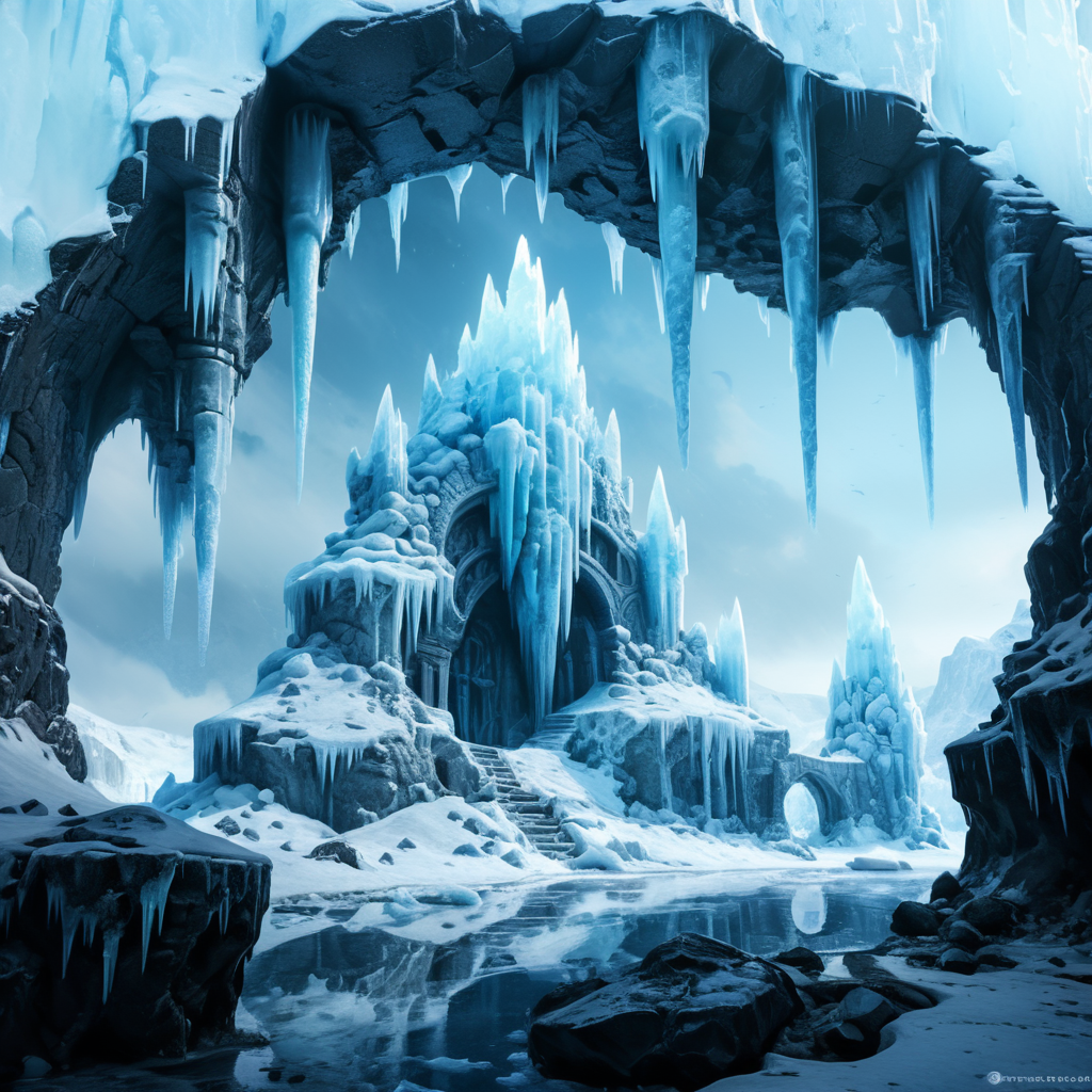 Premium Free ai Images | ice ruins with ice pillars surrounded by ice walls
