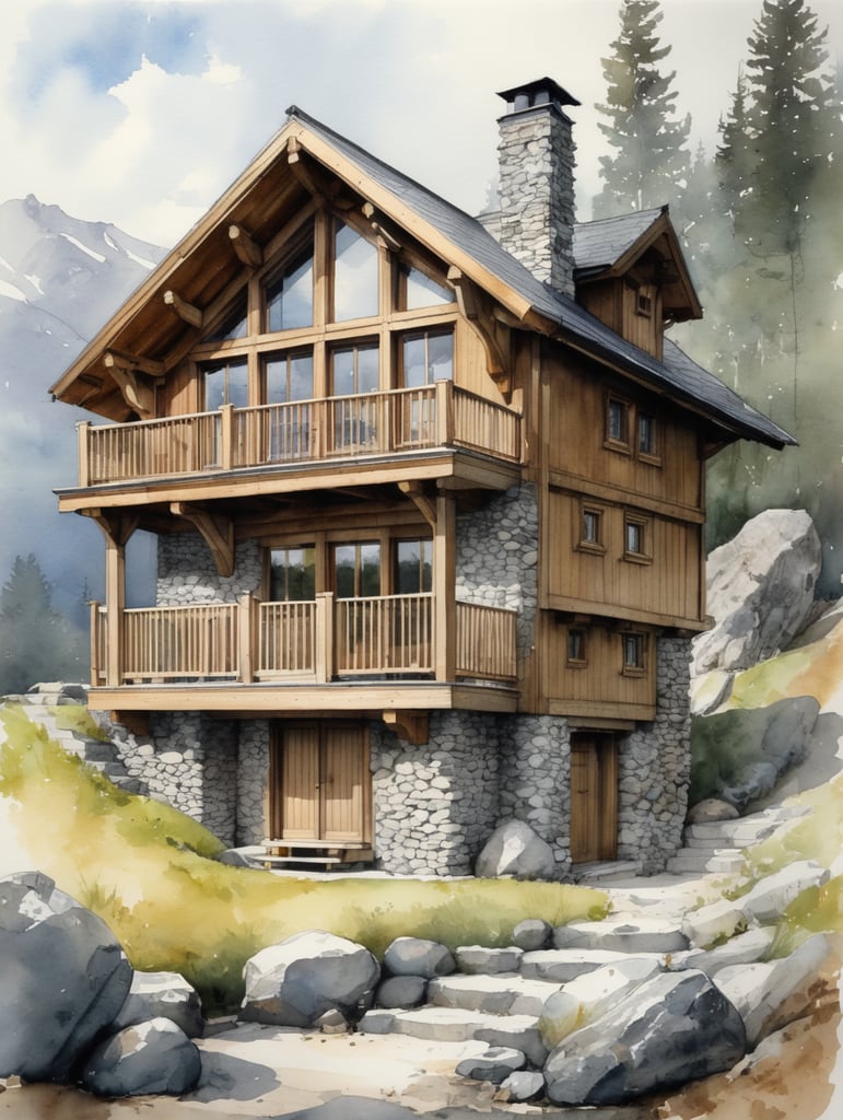 Premium Free ai Images | watercolour sketch of modern mountain timber ...