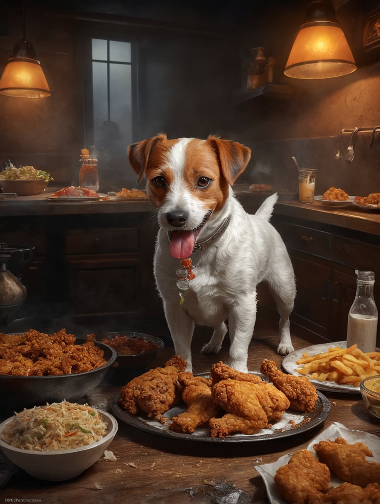 Premium Free ai Images | jack russell eats delicious fried chicken