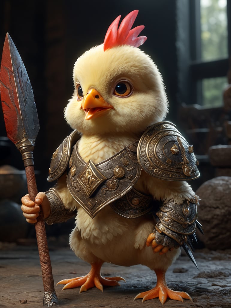Premium Free ai Images | cartoon baby chicken with spear warrior