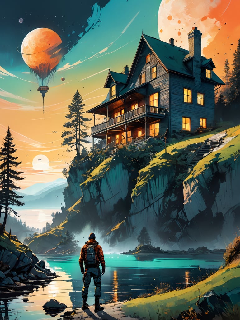 Premium Free ai Images | vector poster of person on the lakeside with ...