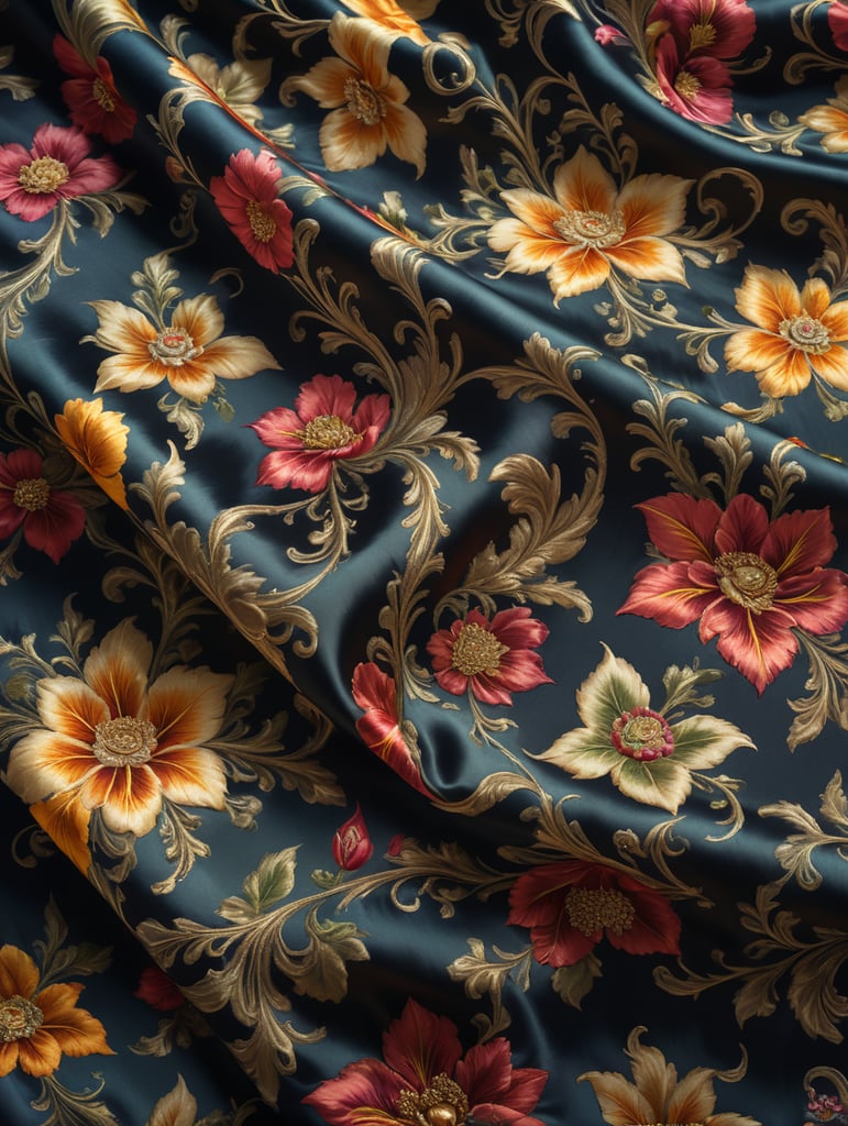 Premium Free ai Images | silk fabric with designs of flowers and some ...
