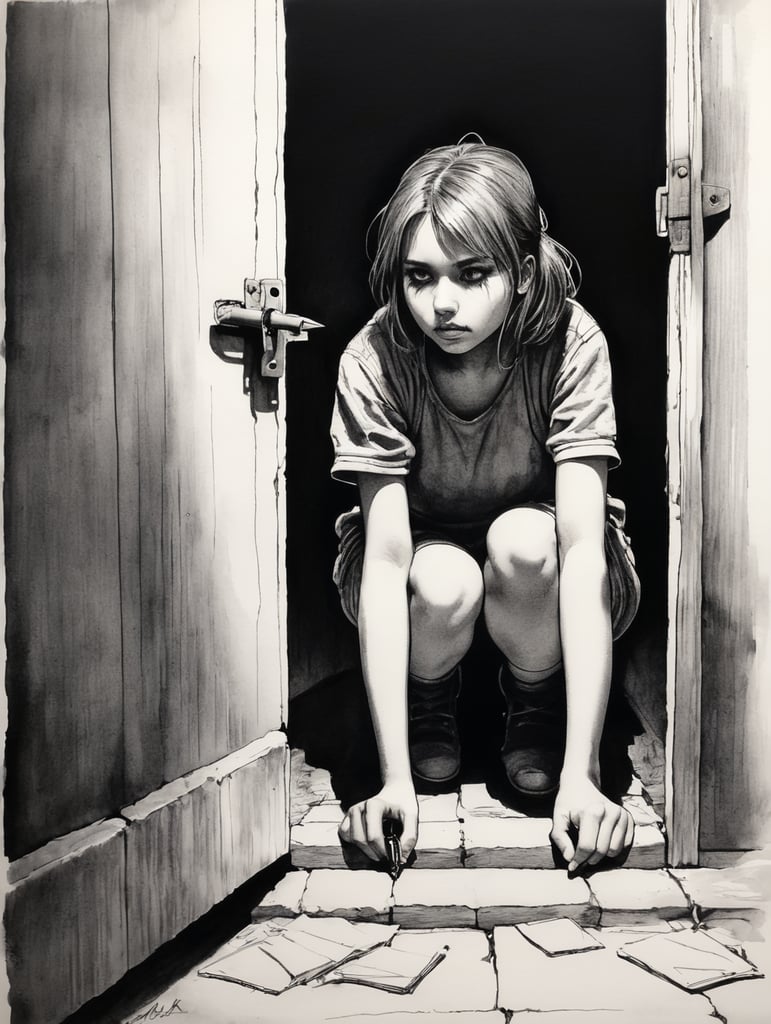 Premium Free ai Images | ink pen sketch of girl locked in basement