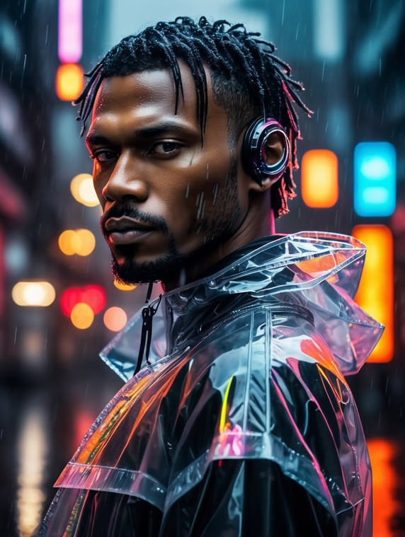 Premium Free ai Images | cyborg black man wearing transparent raincoat ...