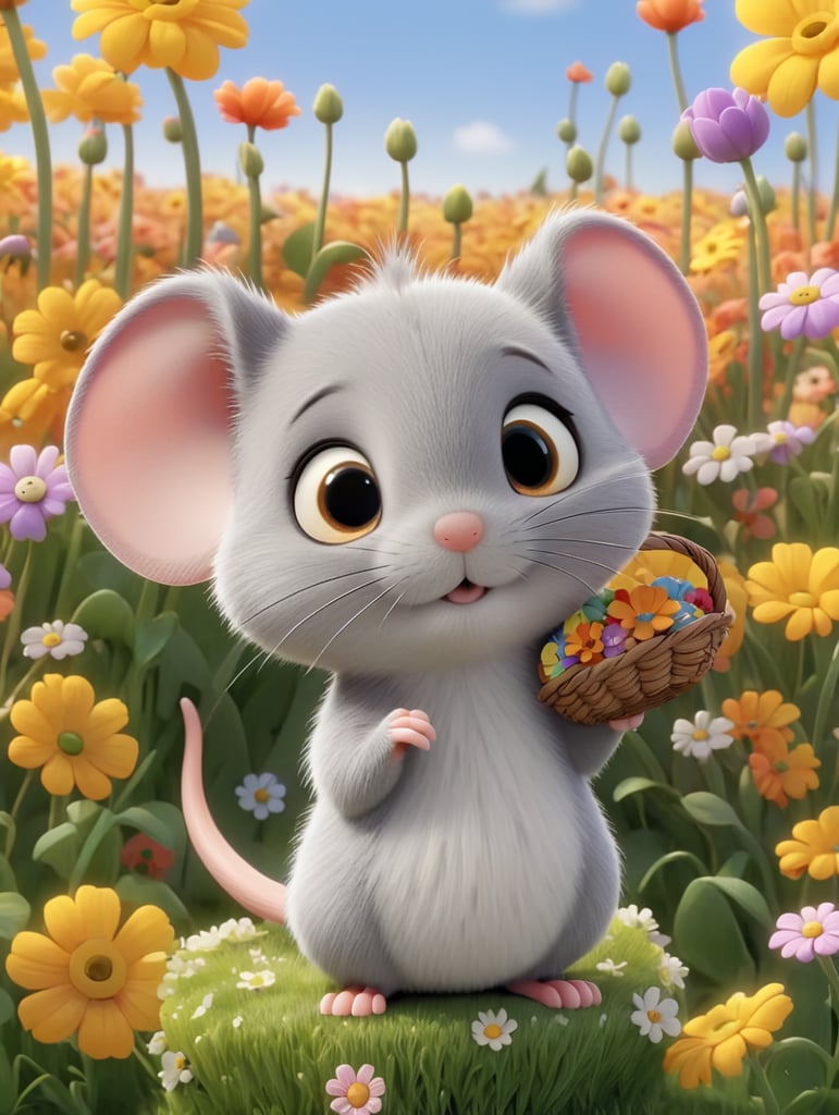 Premium Free ai Images | cute gray mouse with basket in beautiful ...